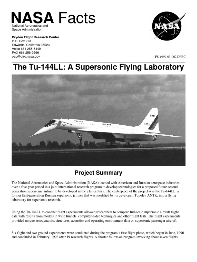 NASA Facts Tu-144LL A Supersonic Flying Laboratory 1999 | PDF ...
