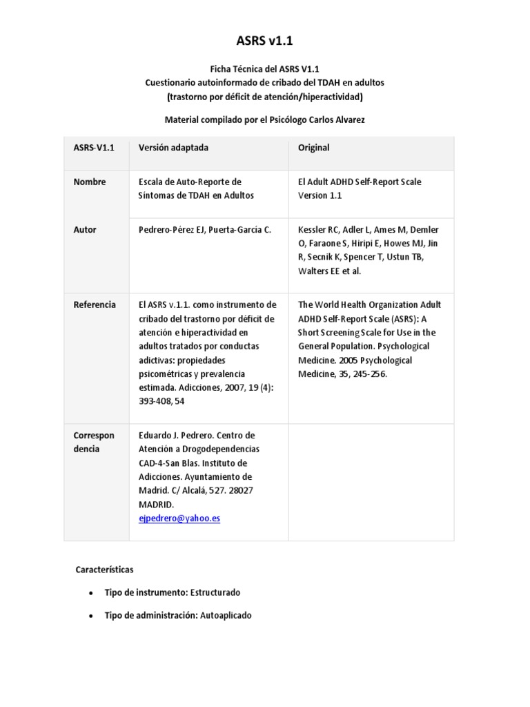 ASRS V1 1 TDAH en Adultos | PDF | Desorden hiperactivo y deficit de ...
