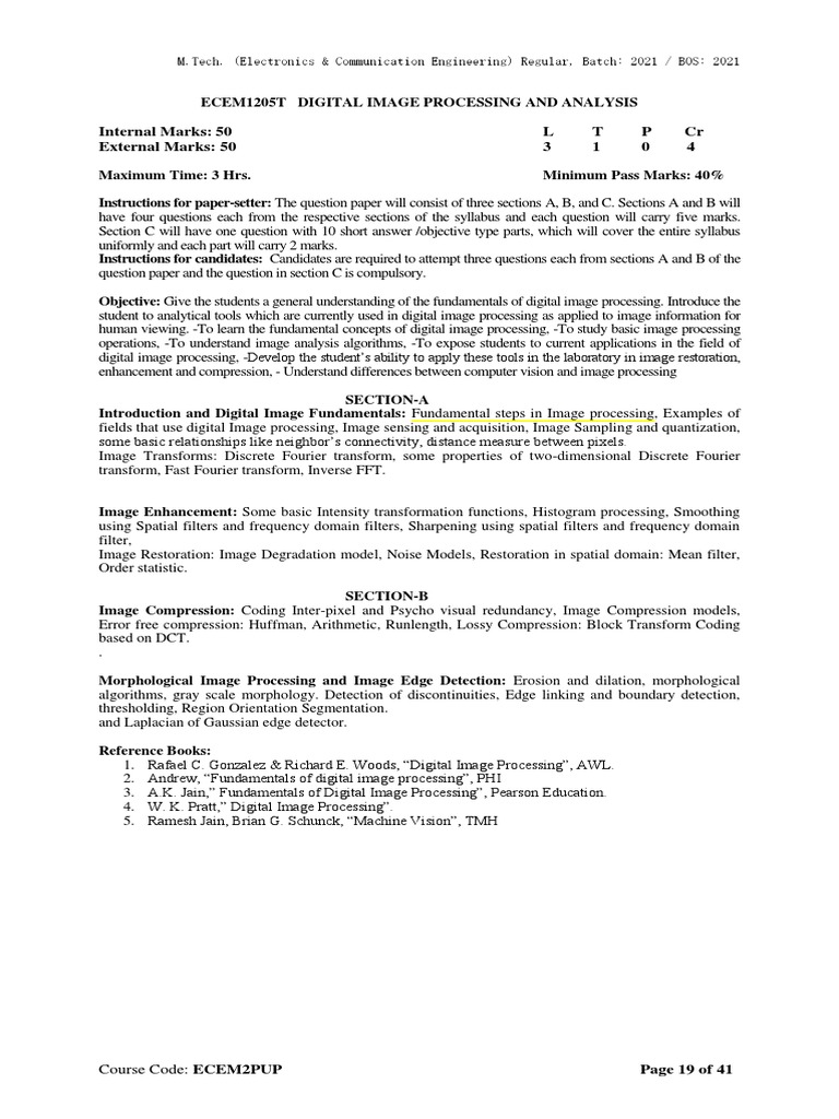 Mtech DIP Syllabus 2021 Batch | PDF | Data Compression | Digital Image