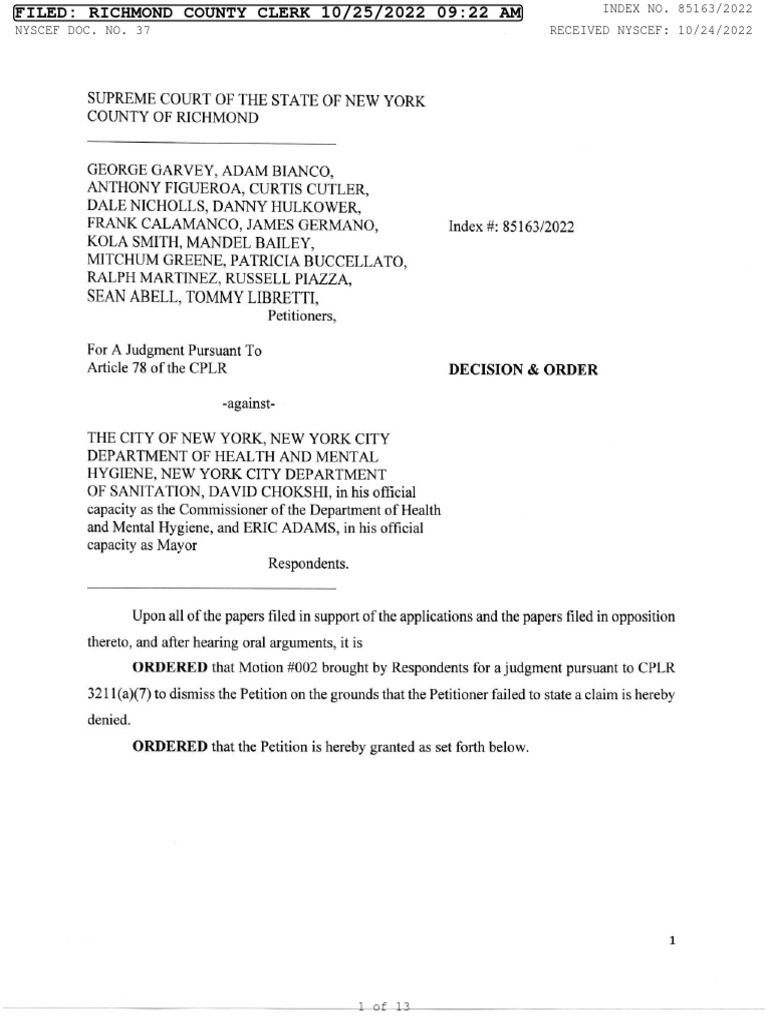 2022 George Garvey Et Al V City of New York Et Al DECISION ORDER On 37 ...