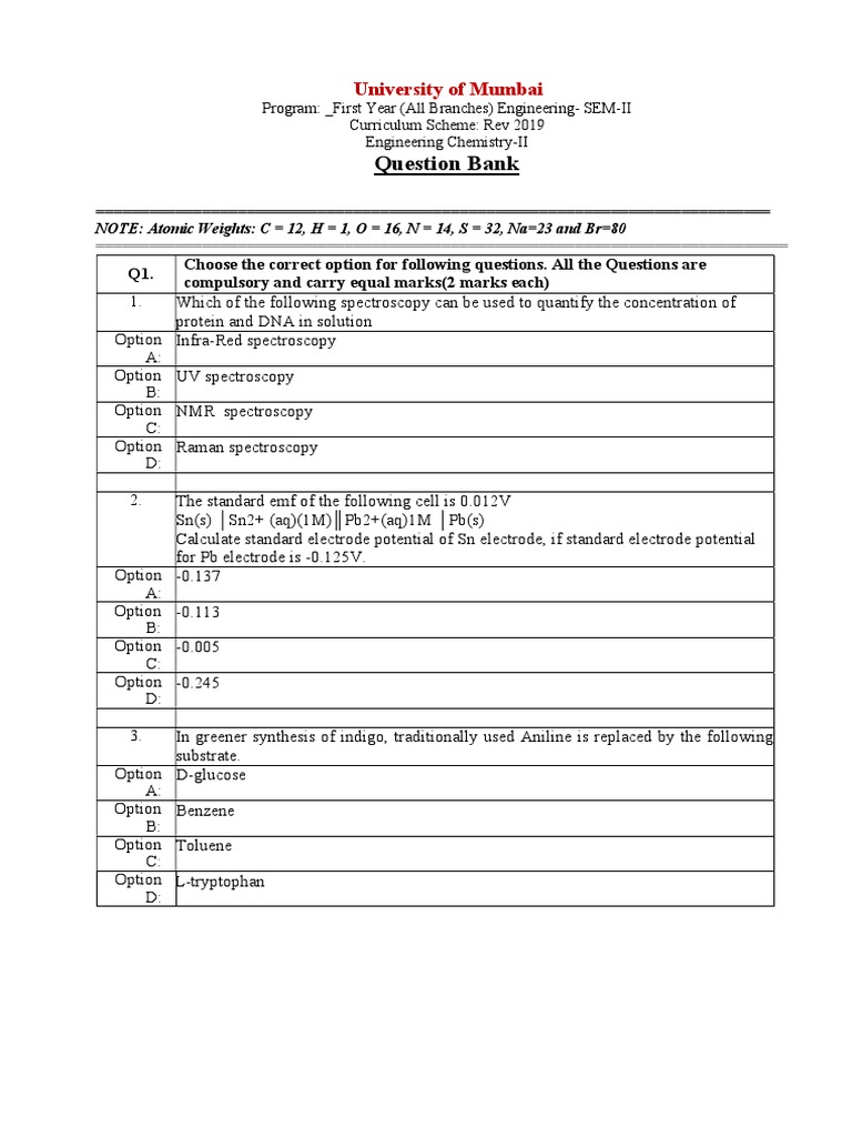 Engineering Chemistry-II Question Bank: First Year (All Branches ...