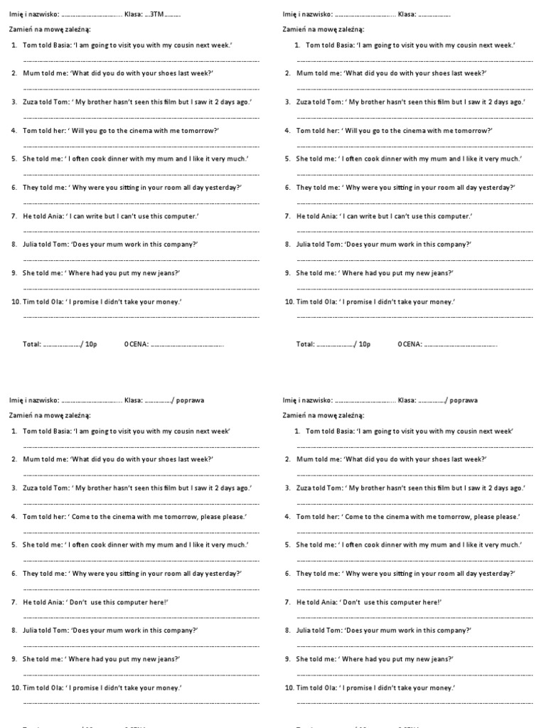 Change Sentences Into Reported Speech - Exercises | PDF