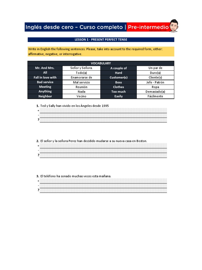 Lesson 1 Present Perfect Tense Pdf Linguistic Typology Languages