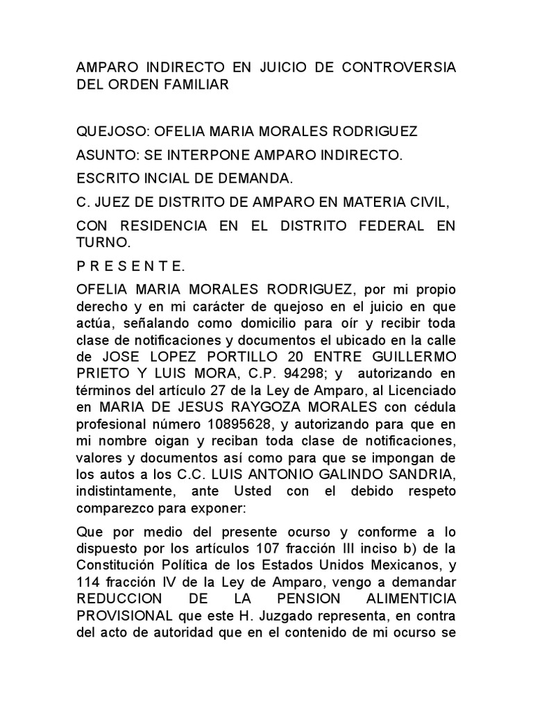 Amparo Indirecto en Juicio de Controversia Del Orden Familiar | PDF | Demanda judicial | México