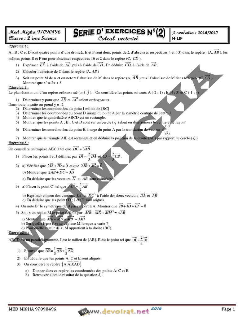 Série D'exercices N°3 Lycée Pilote - Math Calcul Vetoriel - 2ème ...