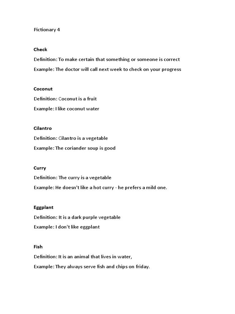 Pictionary Unit 4 | PDF | Cooking, Food & Wine