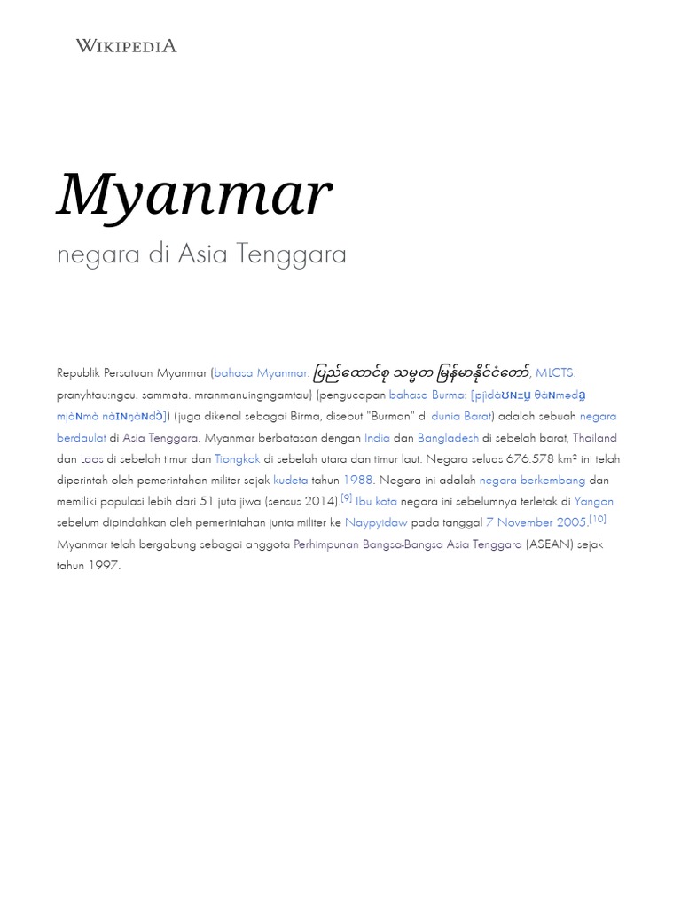 Myanmar - Wikipedia Bahasa Indonesia, Ensiklopedia Bebas | PDF