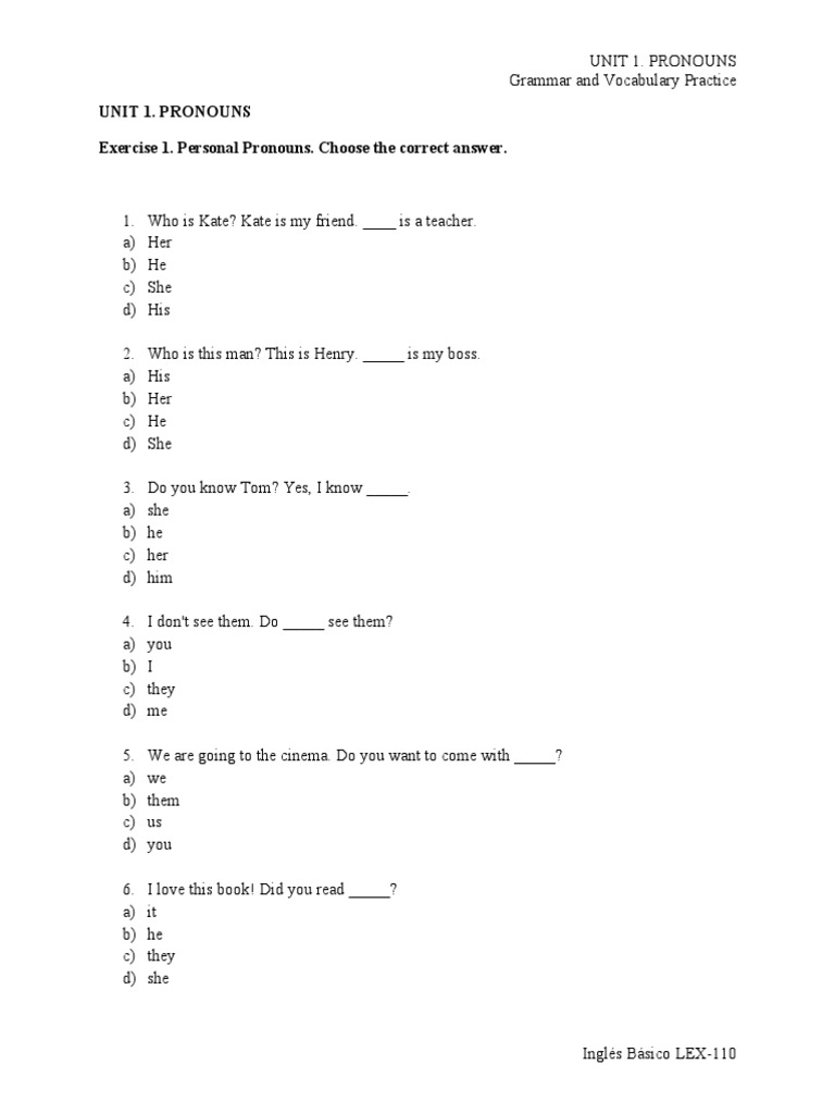 Practice Unit 1. Pronouns | PDF | Pronoun | Cognitive Science