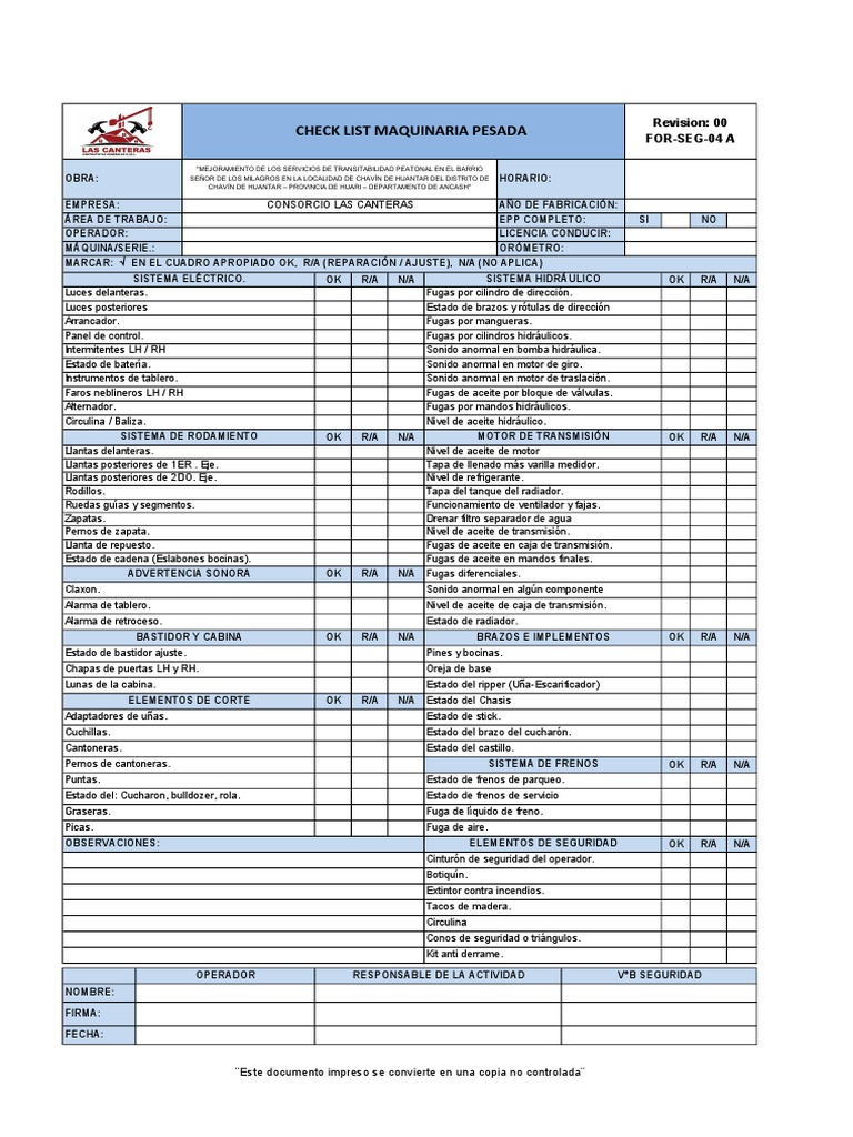 Checklist de Seguridad para Maquinaria Pesada | PDF | Vehículos | Tecnología de vehículos