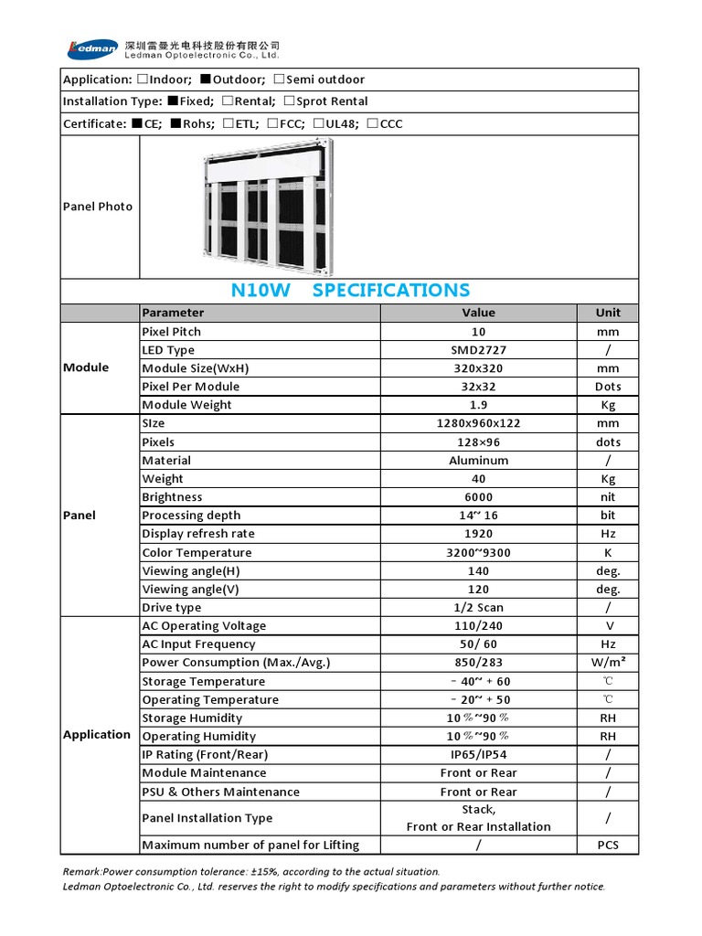 N10W LED Display Specifications | PDF | Electricity | Electronics