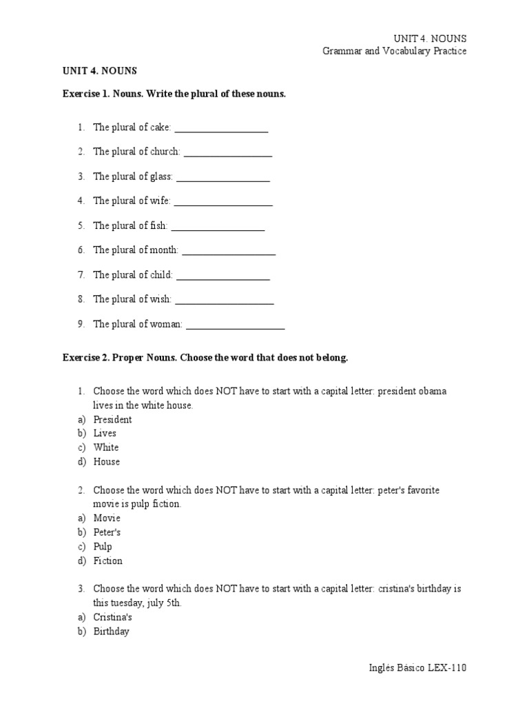 Practice 4. Nouns | PDF | Plural | Noun