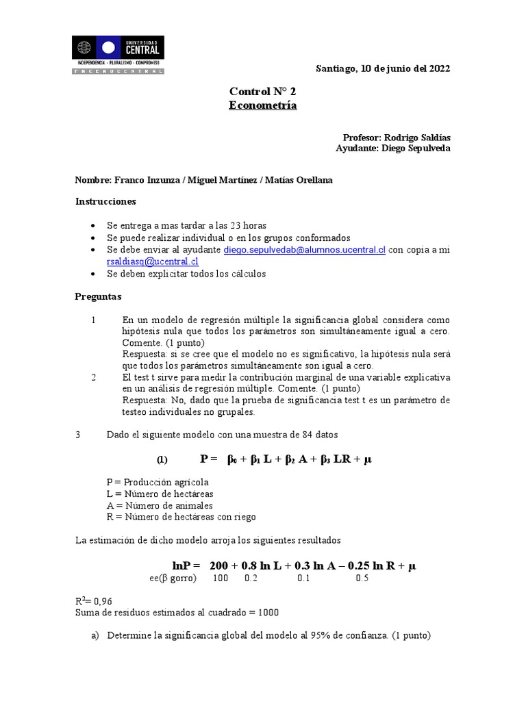Control 2 de Econometría (Junio 2022) | Descargar gratis PDF ...