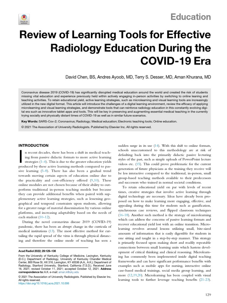 Review of Learning Tools For Effective Radiology Education - 2022 ...