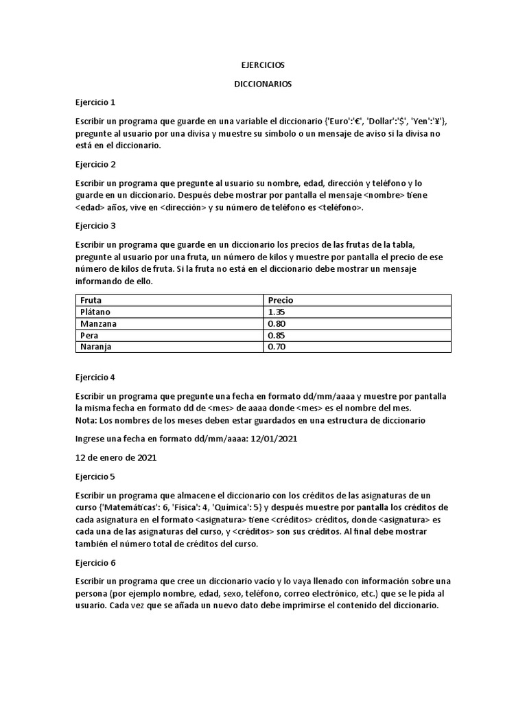 Guia Ejercicios Diccionarios | PDF | Diccionario | Bases de datos