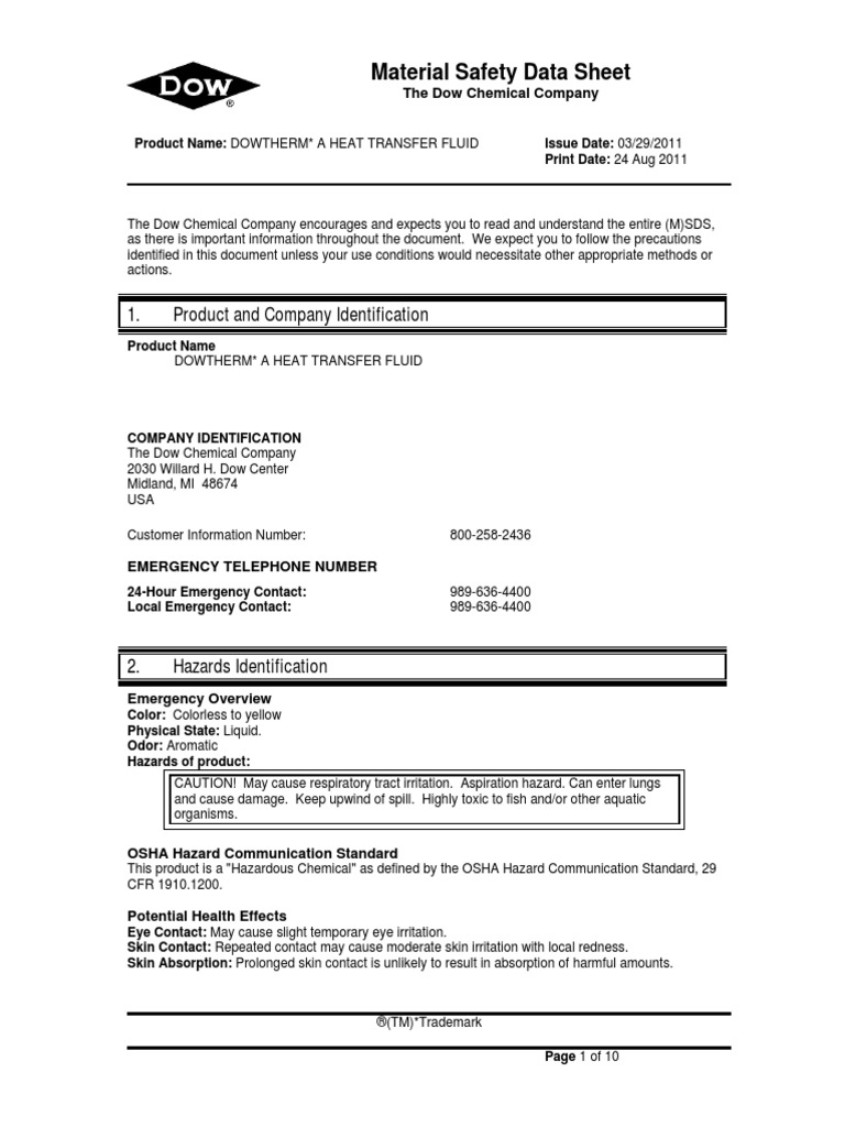Dowtherm A Heat Transfer Fluid MSDS | Download Free PDF | Firefighting ...