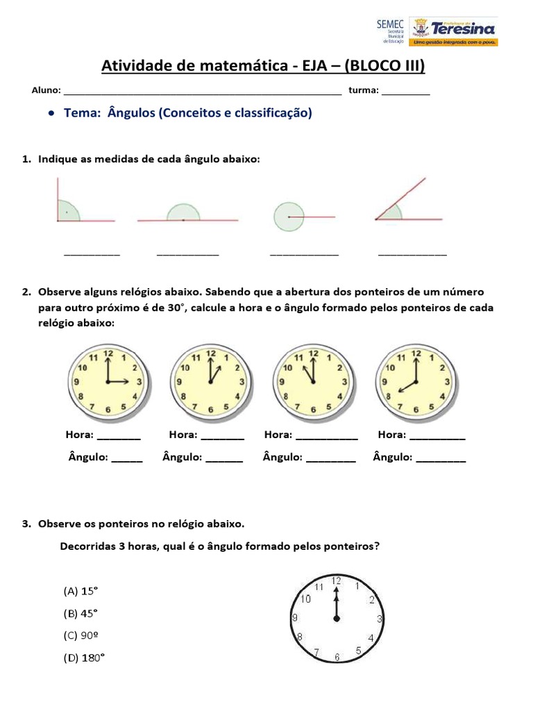 Atividade 01 - Ângulos (Conceitos e Classificação) | PDF