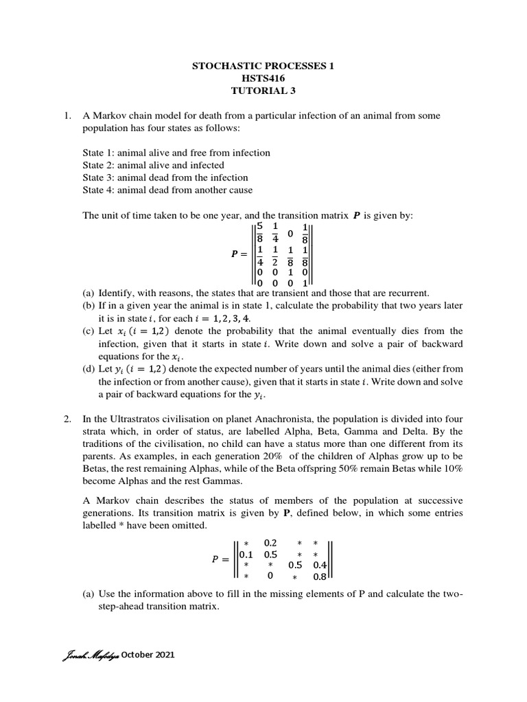 HSTS416 Tutorial 3 | PDF | Markov Chain | Probability Theory