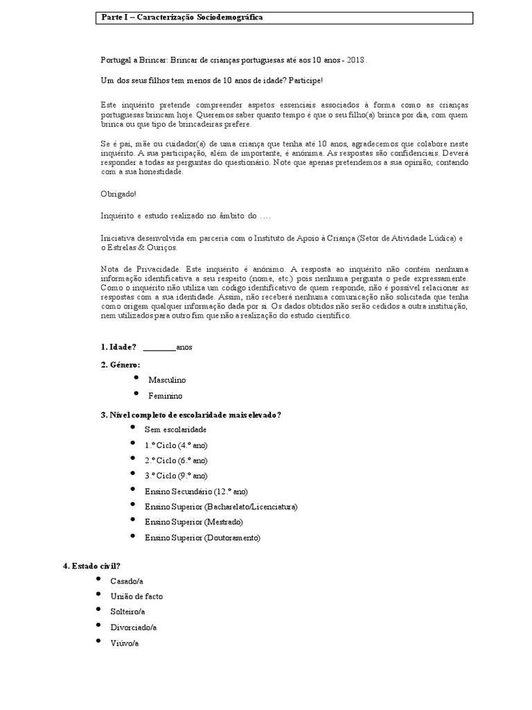 Inquérito Exemplo | PDF | Brinquedos | Portugal