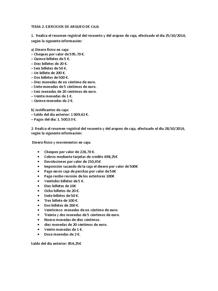 Tema 2 Ejercicios Arqueo de Caja | PDF