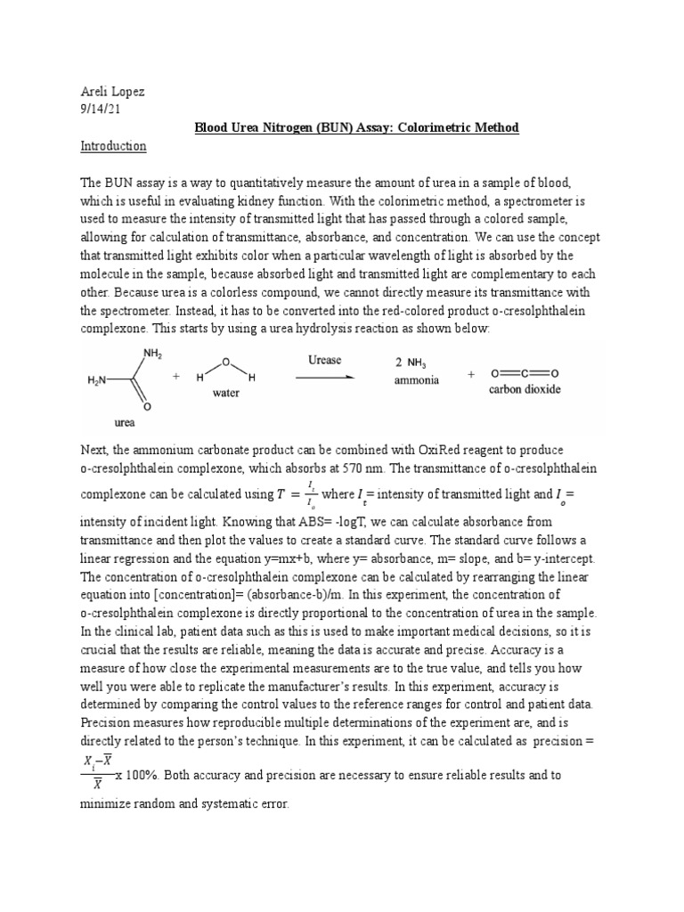 BUN Assay Lab Report | PDF | Accuracy And Precision | Experiment