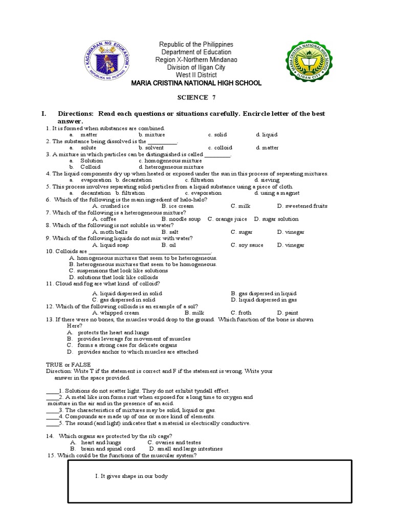Pre-Test - Science 7 | PDF | Mixture | Human Body