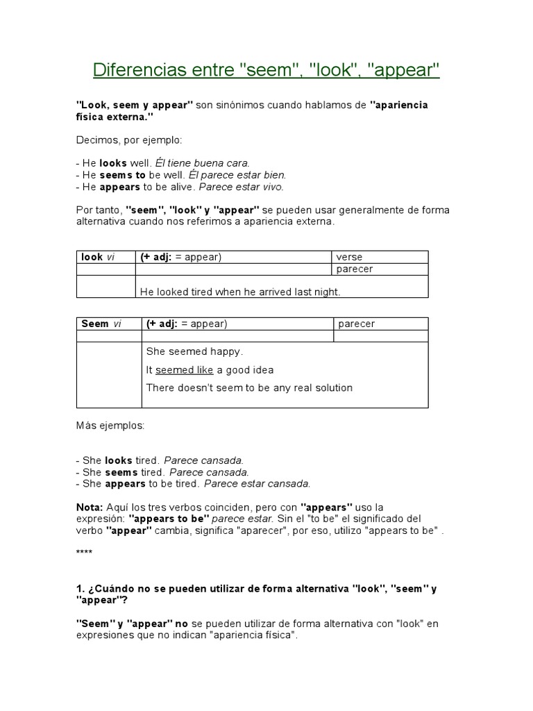 Diferencias Seem, Look, Appear | PDF | Lingüística | Relaciones sintácticas