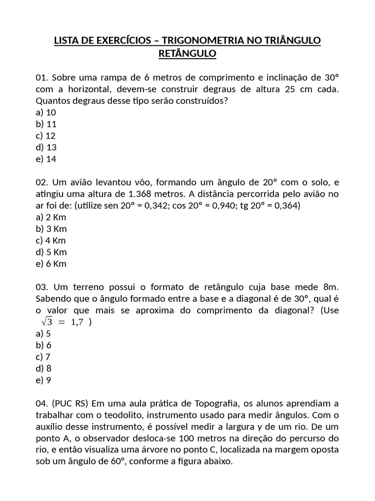 Exercícios - Trigonometria No Triângulo Retângulo | PDF | Trigonometria ...