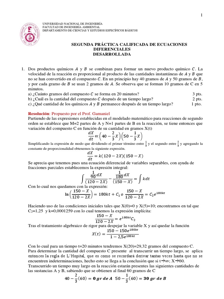 Práctica Calificada N°2 2020-1 - SOLUCIONARIO | PDF | Ecuaciones | Ecuaciones diferenciales