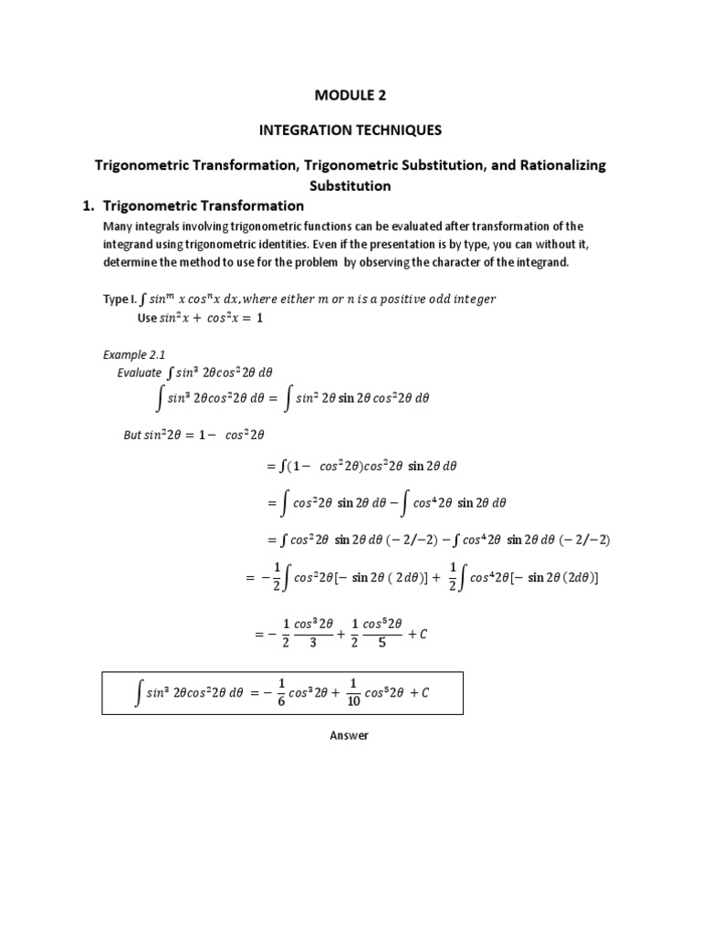 4 Trigonometric Transformation Trigonometric Substitution and Rationalizing | PDF | Integral ...
