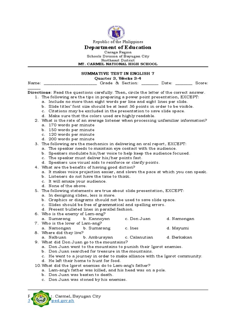 English 7 Summative Test Q3 W3-4 | PDF | Cognitive Science | Human ...