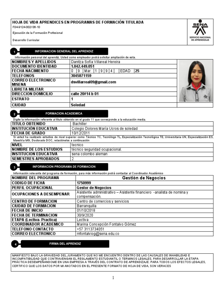 Hoja de Vida Sofia | PDF
