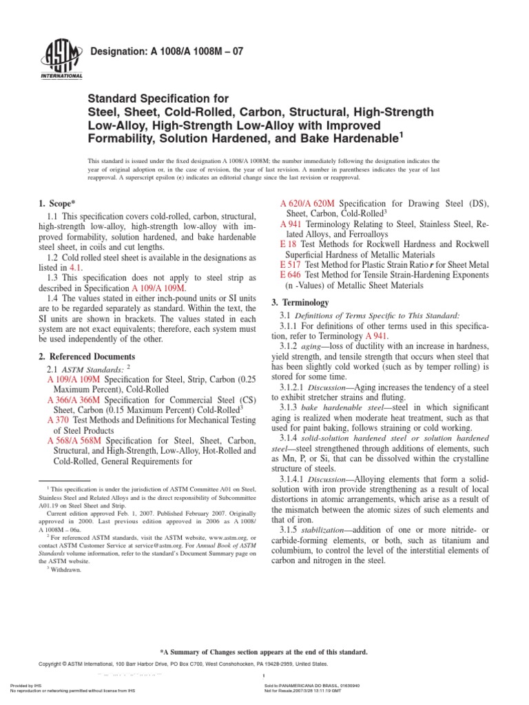 Astm A 1008-A 1008M-07 - 02.2007 | PDF | Strength Of Materials | Steel
