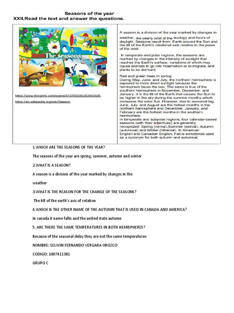 Reading Comprehension, Seasons | PDF