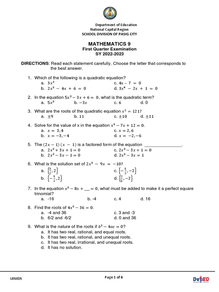 Math 9-Q1-PT-TQ | Download Free PDF | Quadratic Equation | Equations