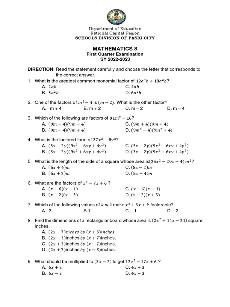 Math 8-Q1-PT-TQ | PDF | Cartesian Coordinate System | Elementary ...