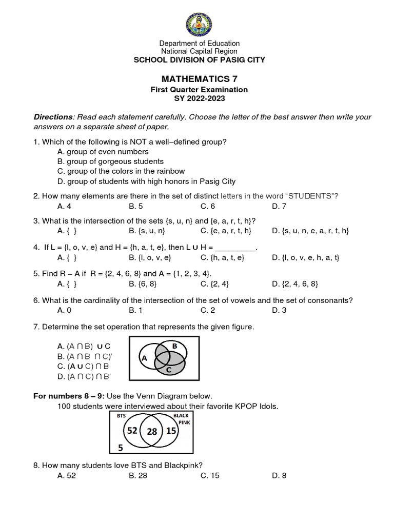 Math 7-Q1-PT-TQ | PDF | Subtraction | Mathematical Objects