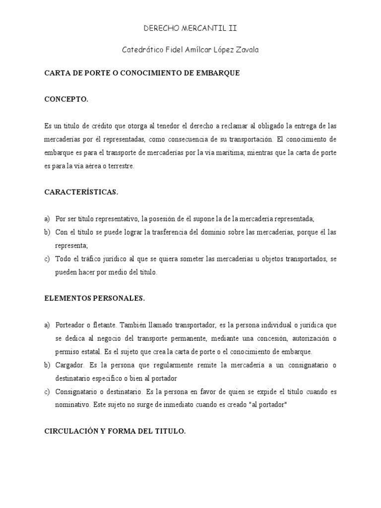Carta de Porte o Conocimiento de Embarque | PDF | Guía de carga ...