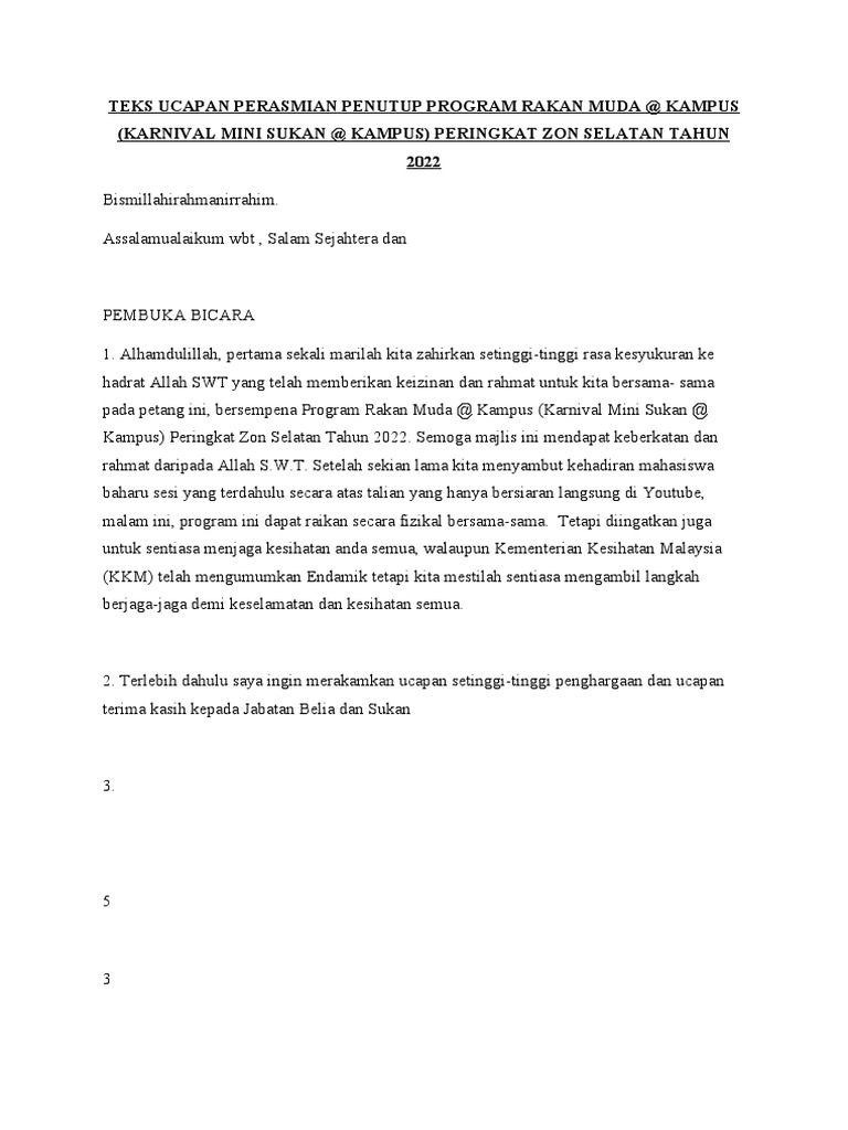TEKS UCAPAN PERASMIAN PENUTUP PROGRAM RAKAN MUDA at KAMPUS (KARNIVAL ...