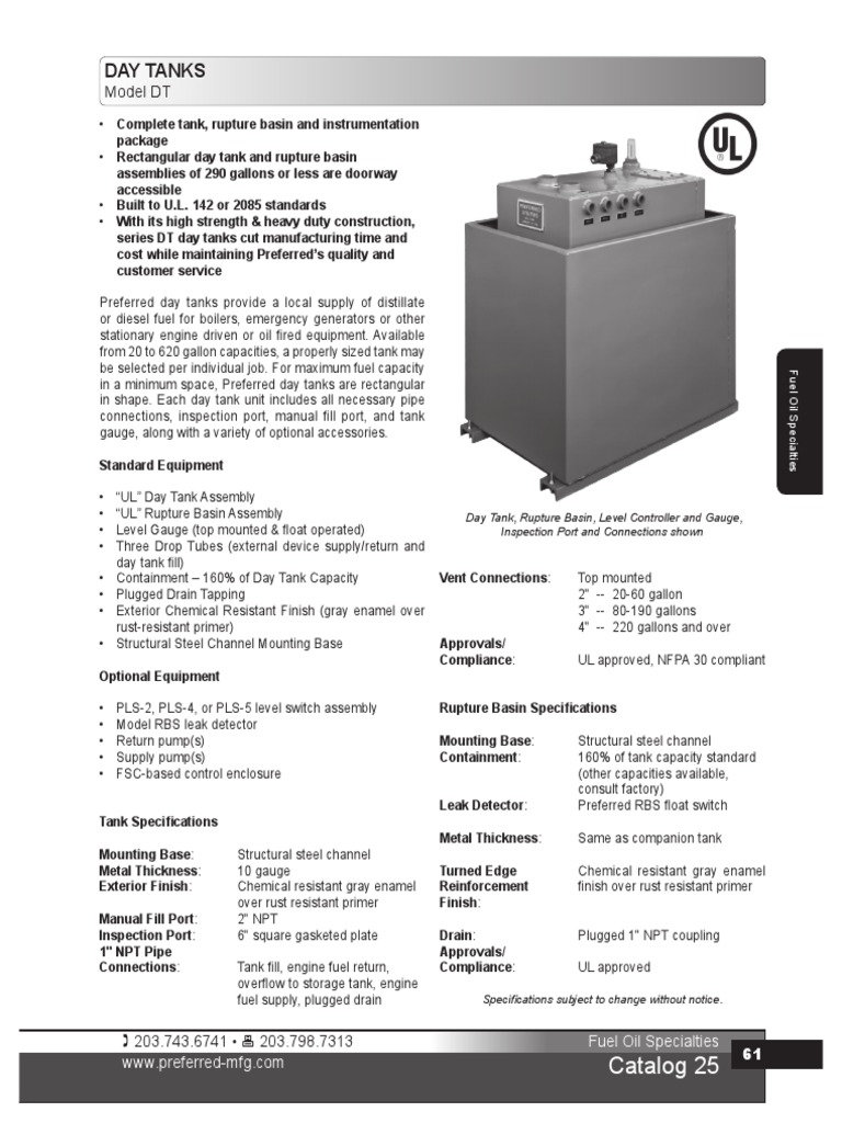 Day Tanks - Model DT Cutsheet | PDF | Valve | Pump