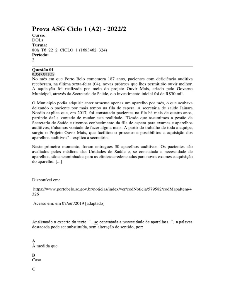 Prova ASG Ciclo 1 | PDF | Queimadura | Escrita