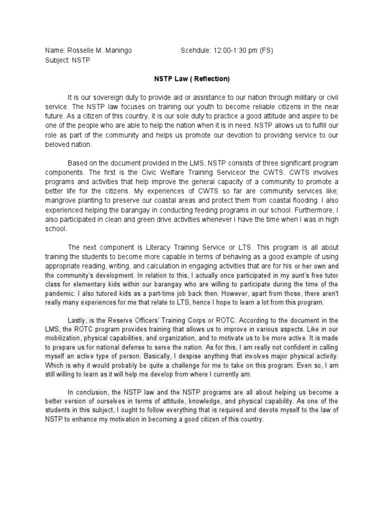 NSTP Law - Reflection | PDF | Reserve Officers' Training Corps | Learning
