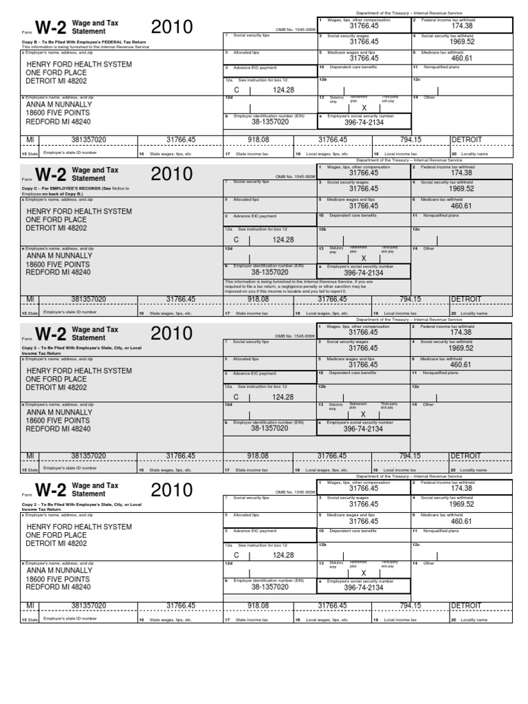 W2 2010 | PDF | Social Security (United States) | Irs Tax Forms