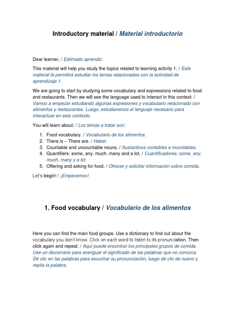Vocabulario de Comida y Restaurantes | PDF