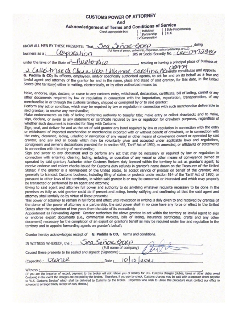 Customs Power of Attorney | PDF