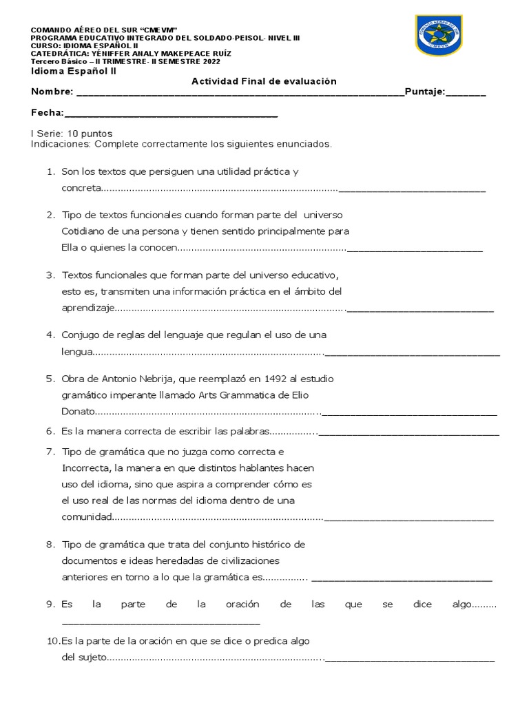 Act, Final de Evaluación Final, Idioma Español II, II Semestre 2022 ...