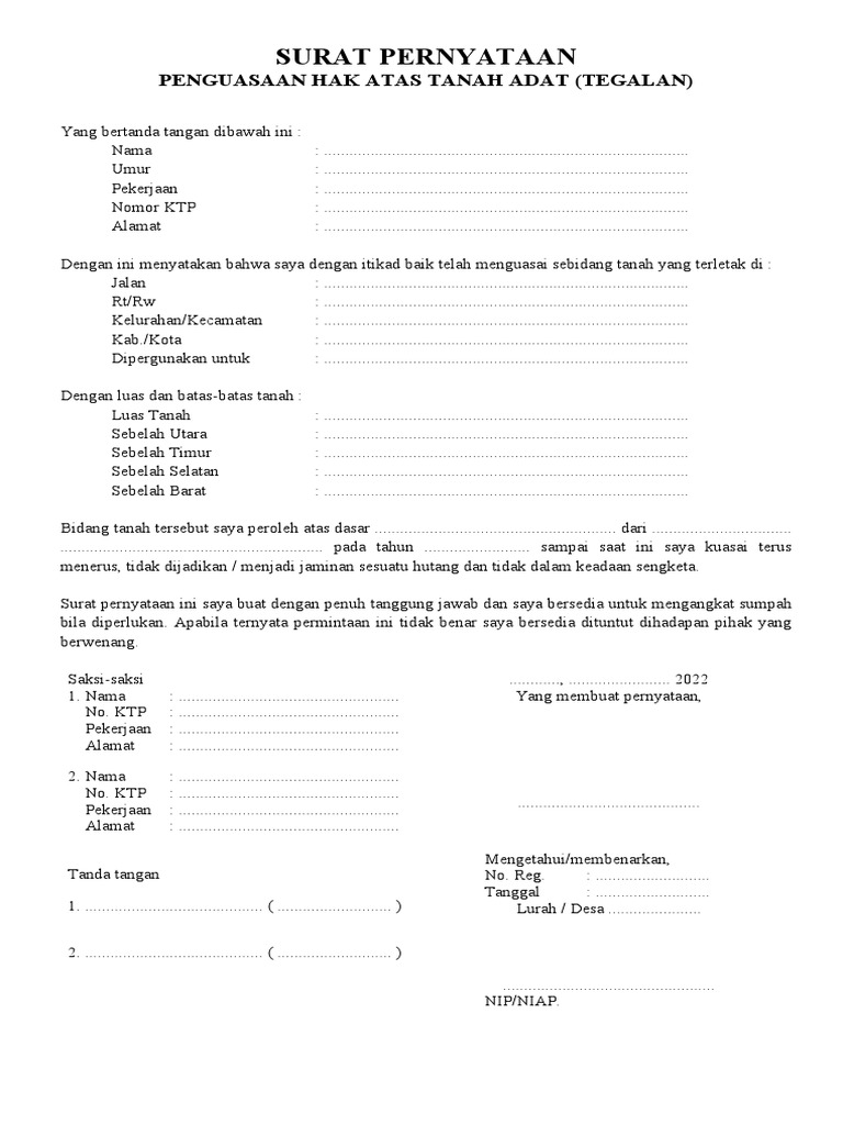 Surat Pernyataan Penguasaan Tanah | PDF
