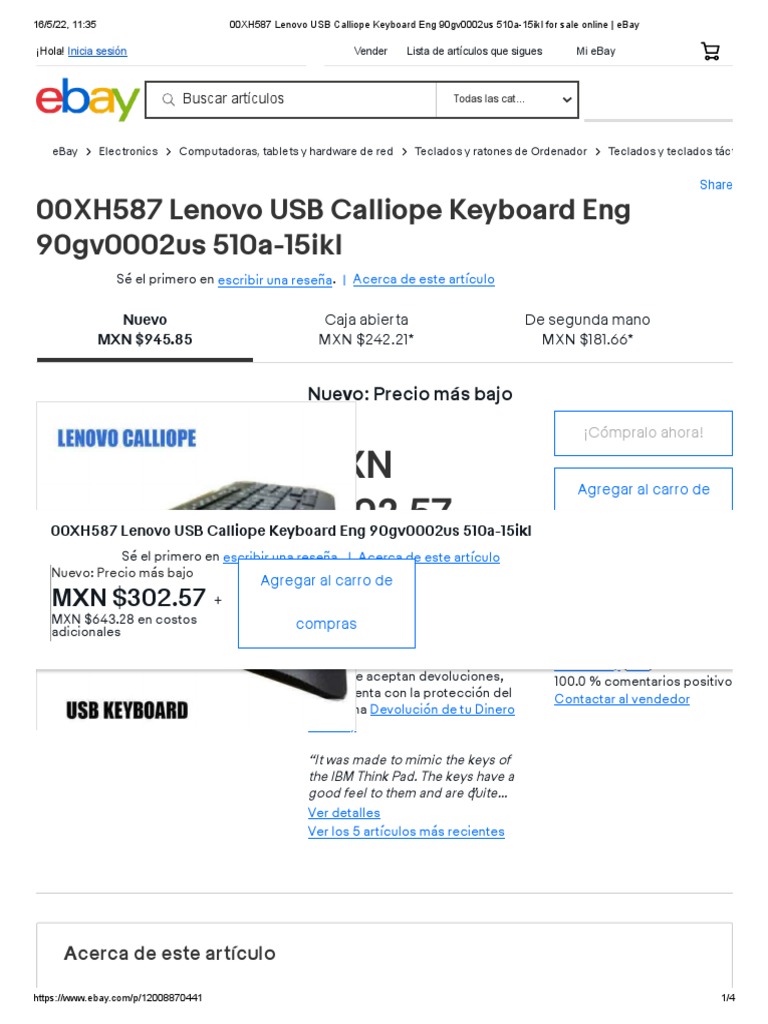 00XH587 Lenovo USB Calliope Keyboard Eng 90gv0002us 510a-15ikl For Sale ...