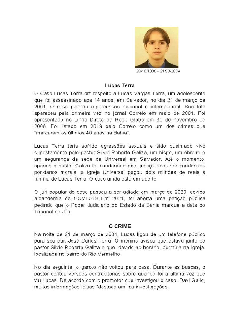 O Caso Lucas Terra: O Crime, a Investigação e a Busca por Justiça para ...