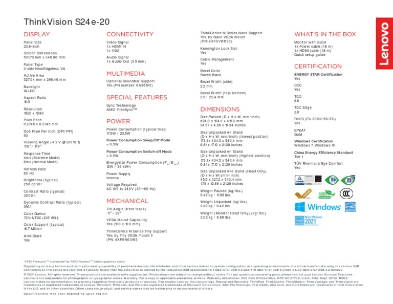 ThinkVision S24e 20 Spec | PDF | Usb | Computer Monitor