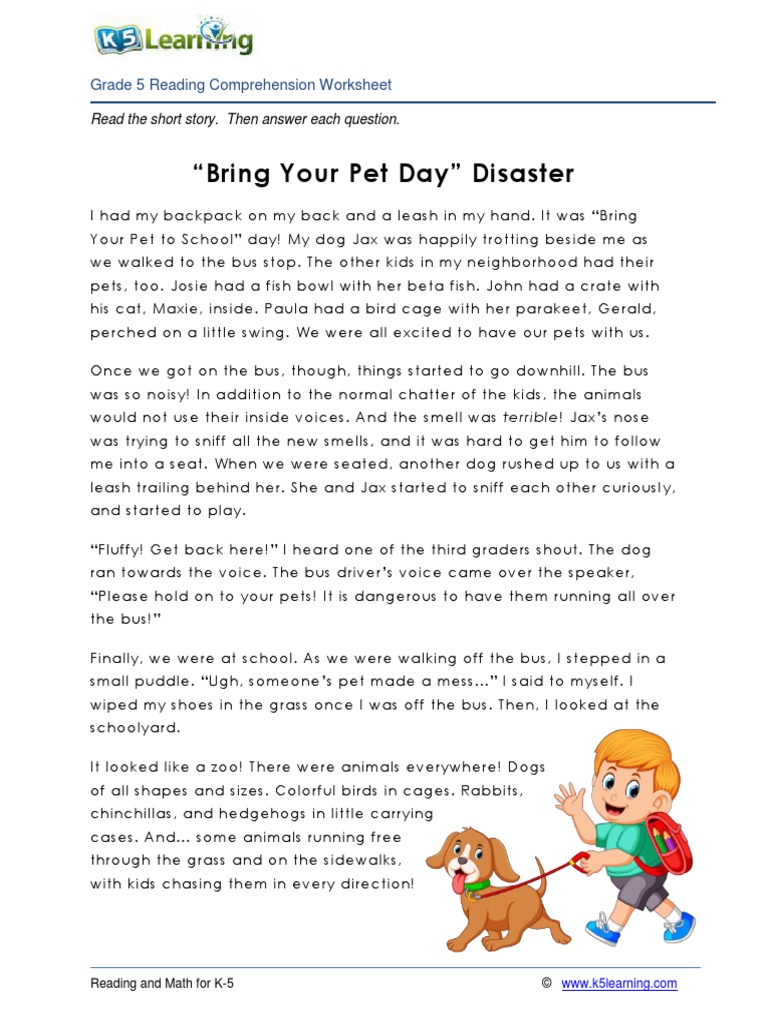 Reading Comprehension Worksheet and Kid's Fable - Bring Your Pet Day ...